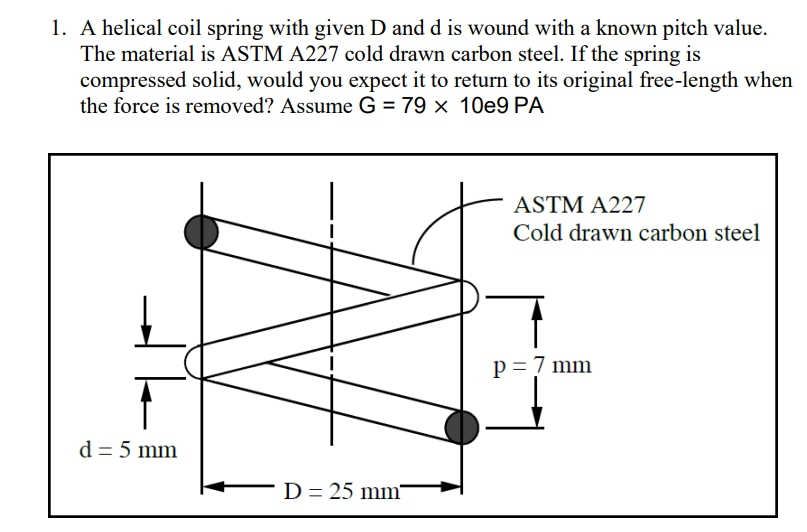 Solved 1. A helical coil spring with given D and d is wound | Chegg.com
