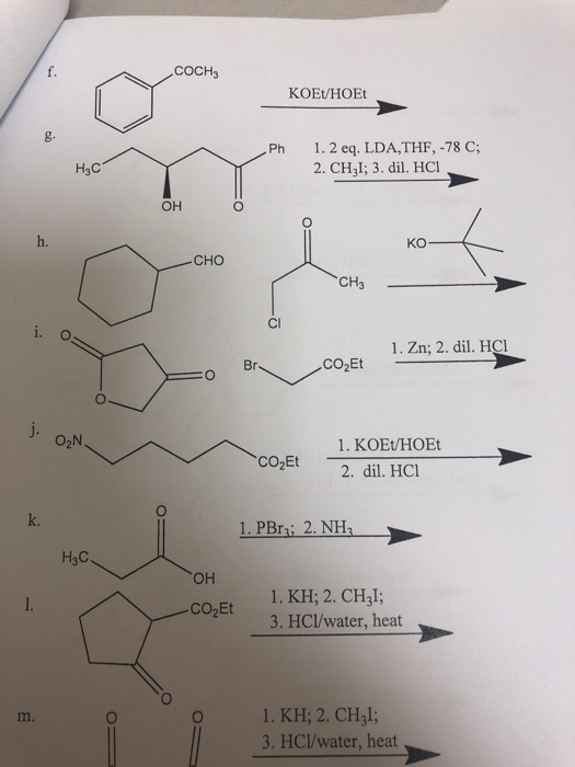 Solved COCH3 KOEt/HOEt g. 1.2 eq. LDA,THF, -78 C; 2. CH3I; | Chegg.com