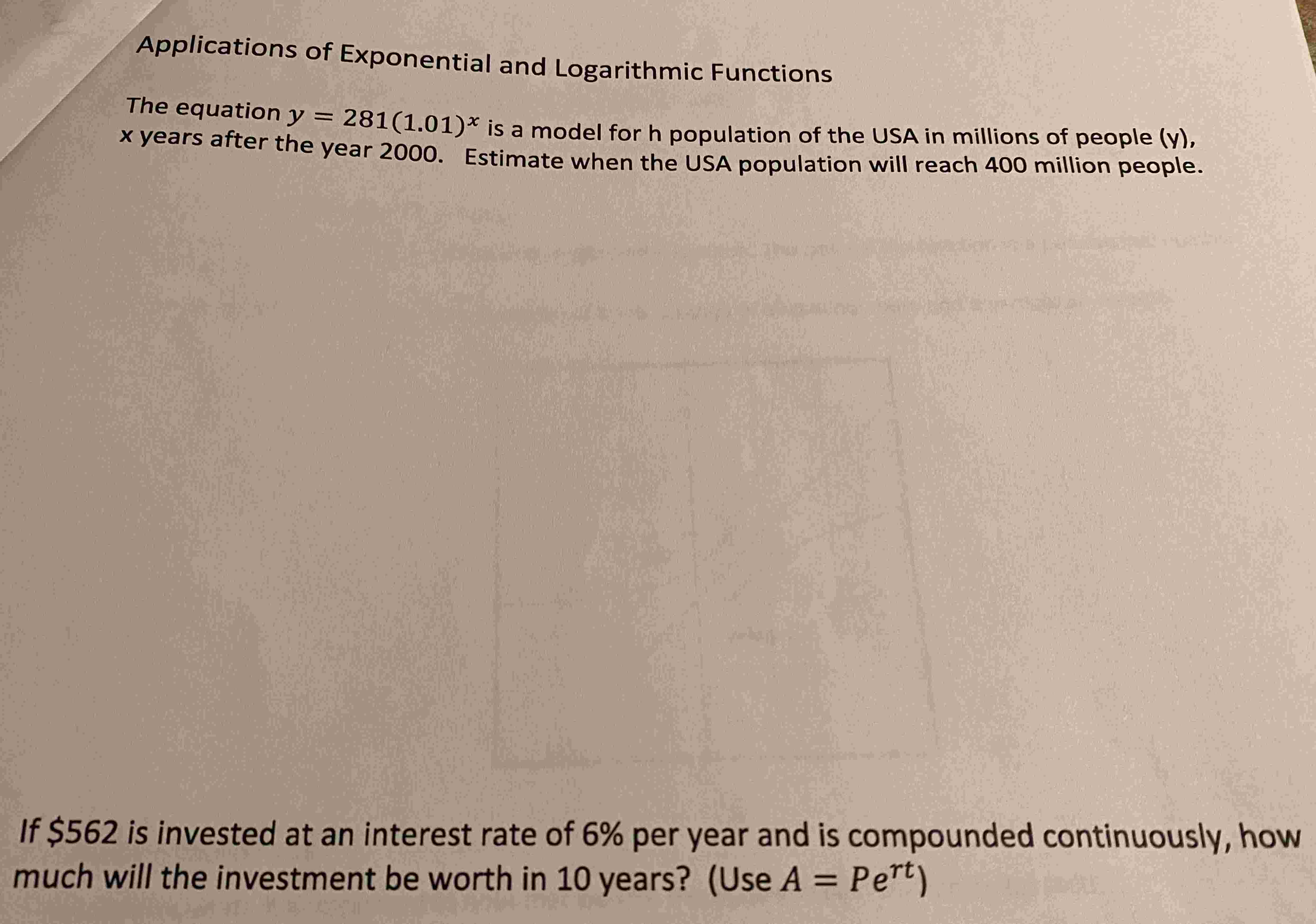 Solved Applications of Exponential and Logarithmic | Chegg.com