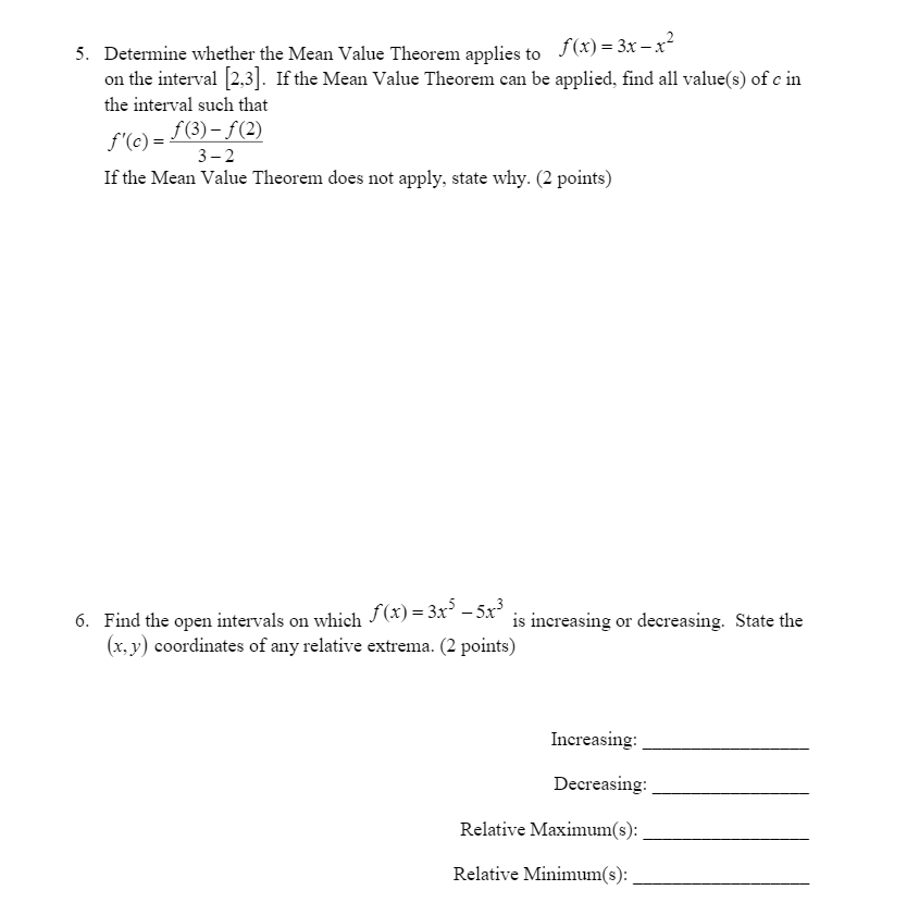 Solved 5. Determine whether the Mean Value Theorem applies | Chegg.com