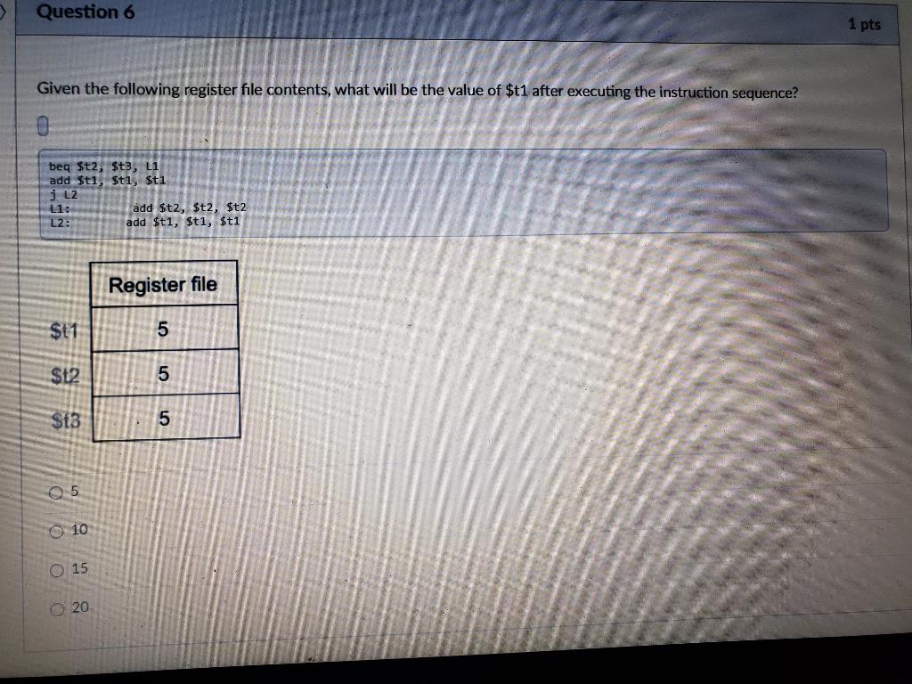 Solved Question 5 1 pts Given the following register file | Chegg.com