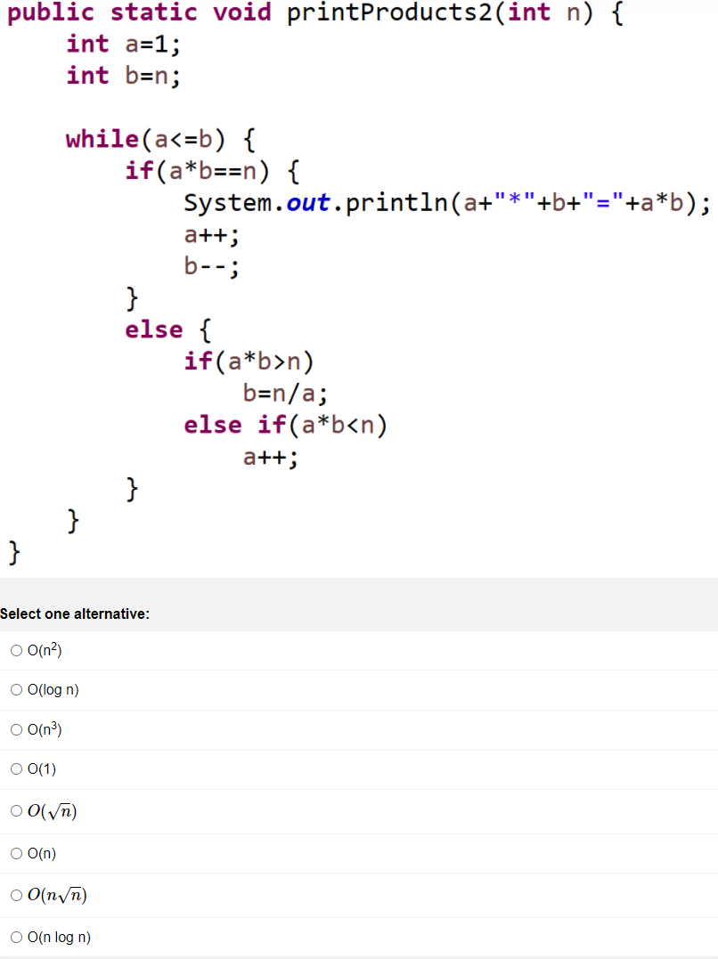 Solved public static void printProducts(int n) { int a=0; | Chegg.com