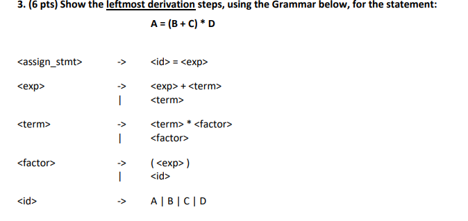 Solved 3. (6 pts) Show the leftmost derivation steps, using | Chegg.com