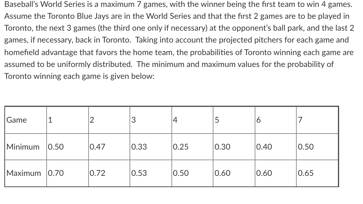 Solved Baseball's World Series is a maximum 7 games, with | Chegg.com