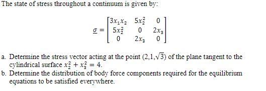 Solved The state of stress throughout a continuum is given | Chegg.com