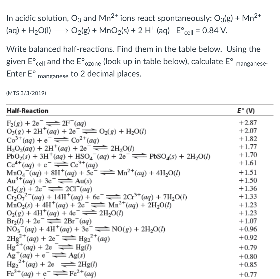 Solved In acidic solution, O3 and Mn2+ ions react | Chegg.com