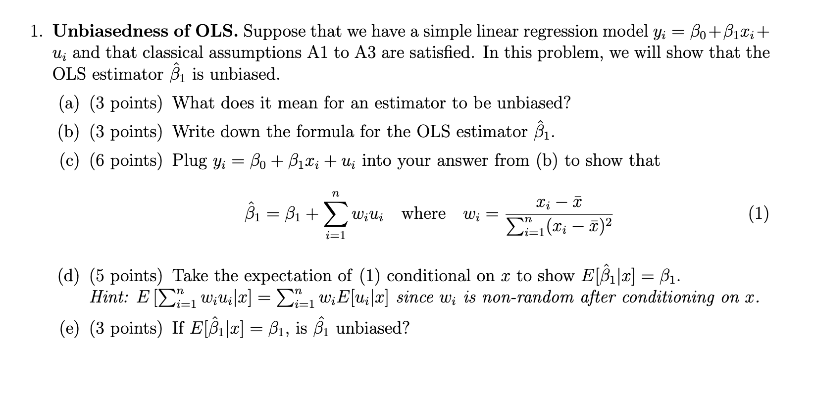 Solved 1. Unbiasedness of OLS. Suppose that we have a simple | Chegg.com