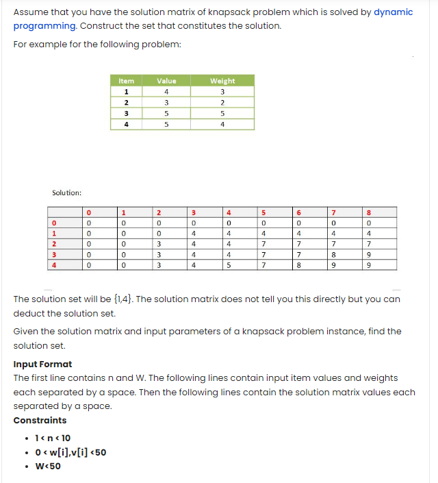Solved Assume that you have the solution matrix of knapsack | Chegg.com