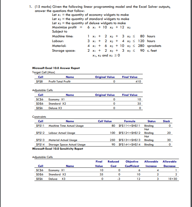 Solved 1. (15 marks) Given the following linear programming | Chegg.com