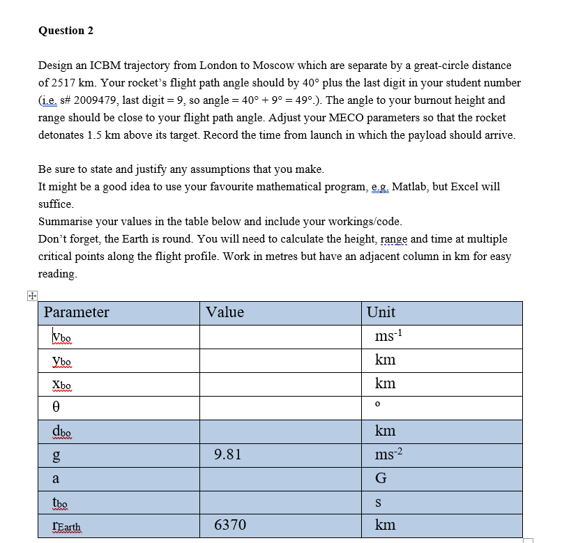 Solved Design an ICBM trajectory from London to Moscow which | Chegg.com