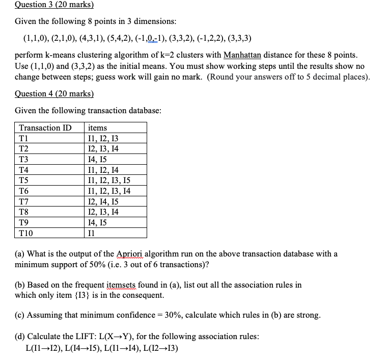 Question 3 (20 marks) Given the following 8 points in | Chegg.com