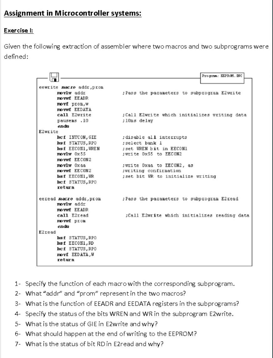 Assignment in Microcontroller systems: Exercise I: | Chegg.com