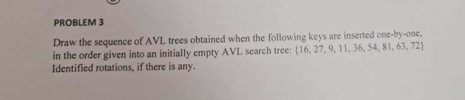 Solved PROBLEM 3 Draw the sequence of AVL trees obtained | Chegg.com