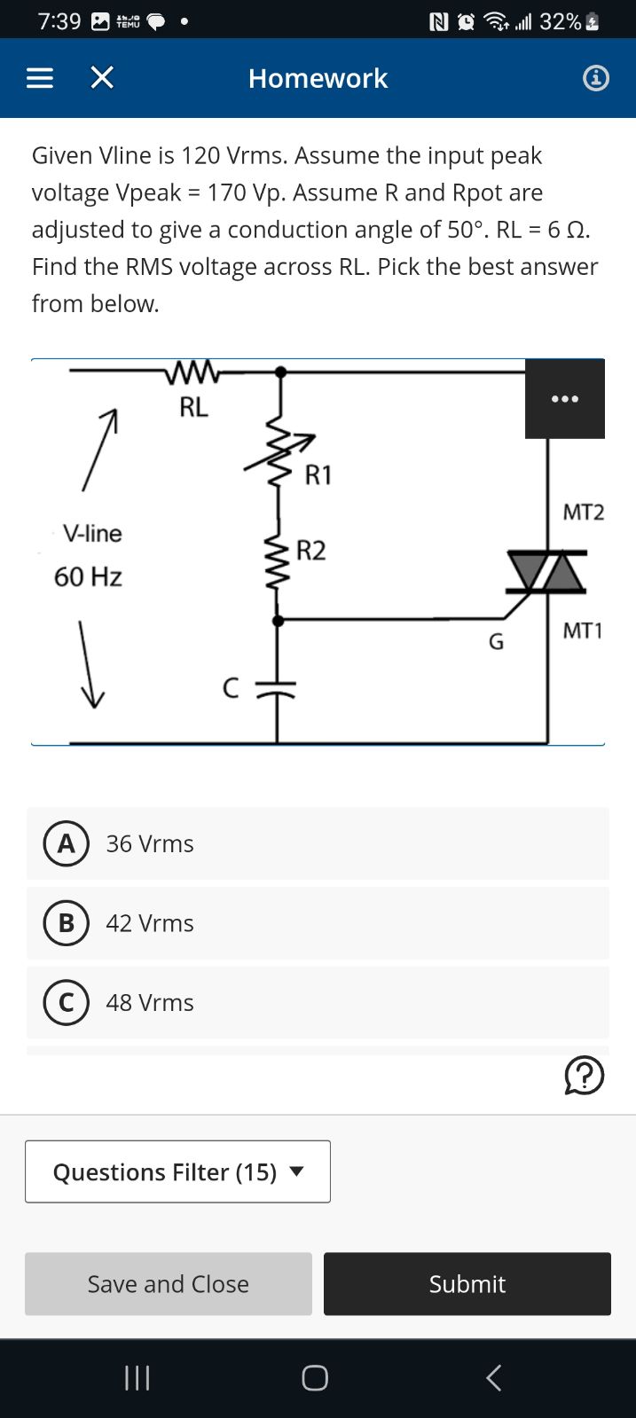 Solved 7:39 نHomework(i)Given Vline is 120 ﻿Vrms. ﻿Assume | Chegg.com