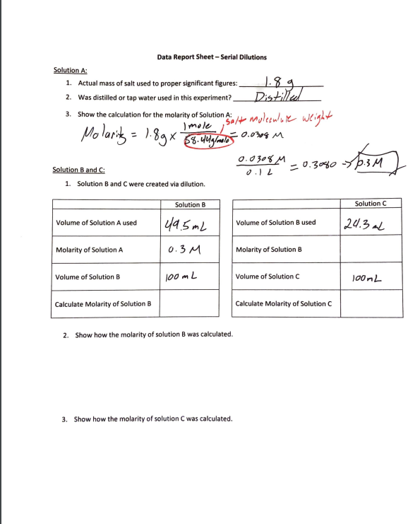 Solved Data Report Sheet - Serial Dilutions Solution A: 1. | Chegg.com