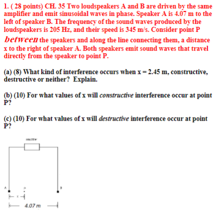 Solved 1. ( 28 points) CH. 35 Two loudspeakers A and B are | Chegg.com