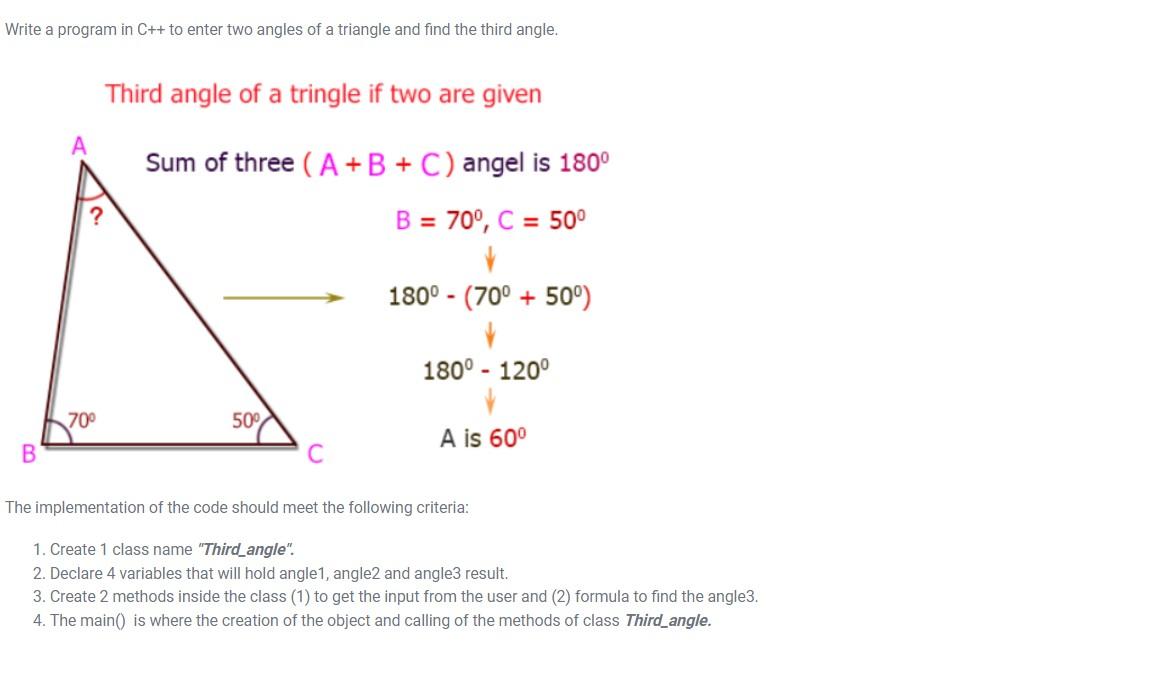 Solved Write a program in C++ to enter two angles of a | Chegg.com