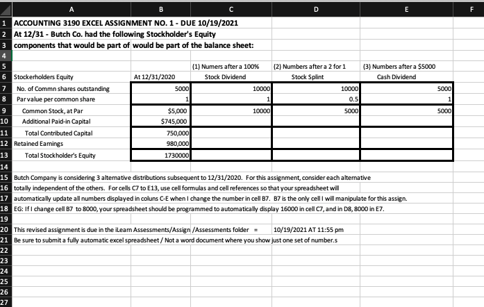 Solved B C D E F 1 ACCOUNTING 3190 EXCEL ASSIGNMENT NO. 1 - | Chegg.com
