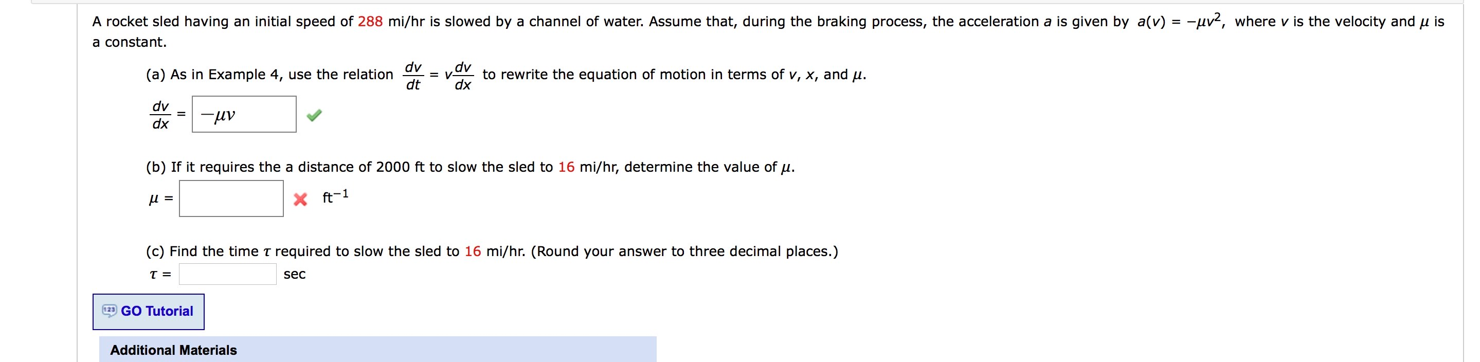 Solved = A rocket sled having an initial speed of 288 mi/hr | Chegg.com
