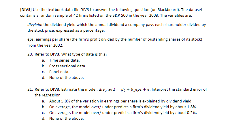 Solved DIV3] Use the textbook data file DIV3 to answer the | Chegg.com