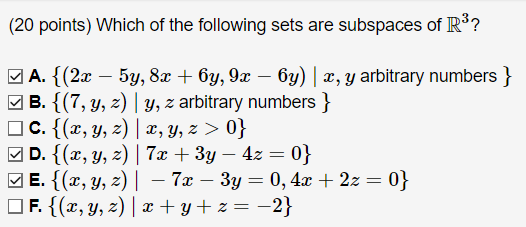 Solved (20 points) Which of the following sets are subspaces | Chegg.com