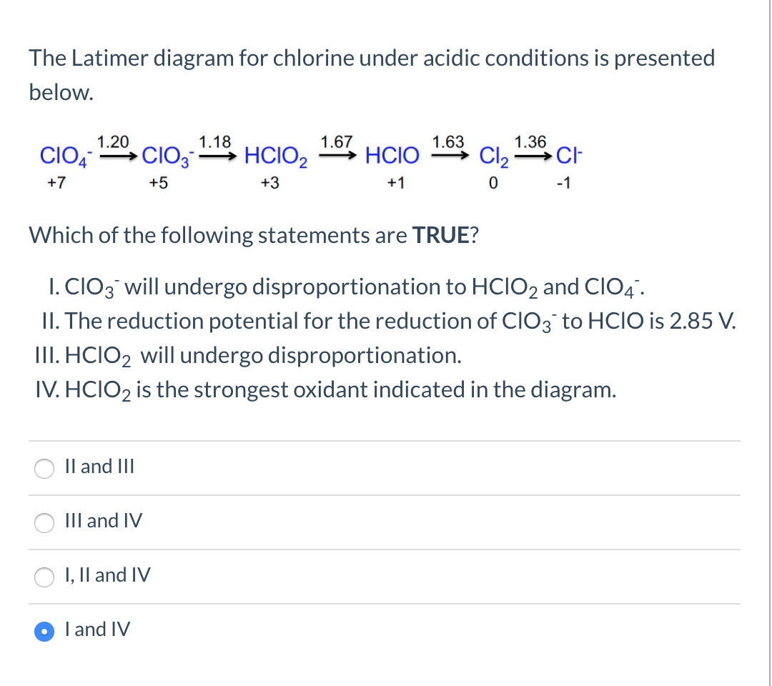 Solved The Latimer diagram for chlorine under acidic | Chegg.com