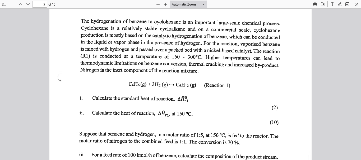 Solved The hydrogenation of benzene to cyclohexane is an | Chegg.com
