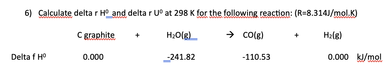 Solved Calculate delta rH0 ﻿and delta rU0 ﻿at 298K ﻿for the | Chegg.com