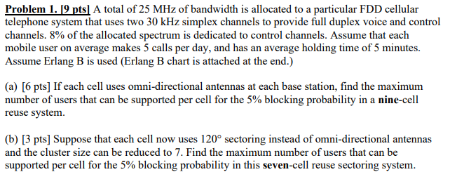 Solved Problem 1. [9 pts] A total of 25MHz of bandwidth is | Chegg.com