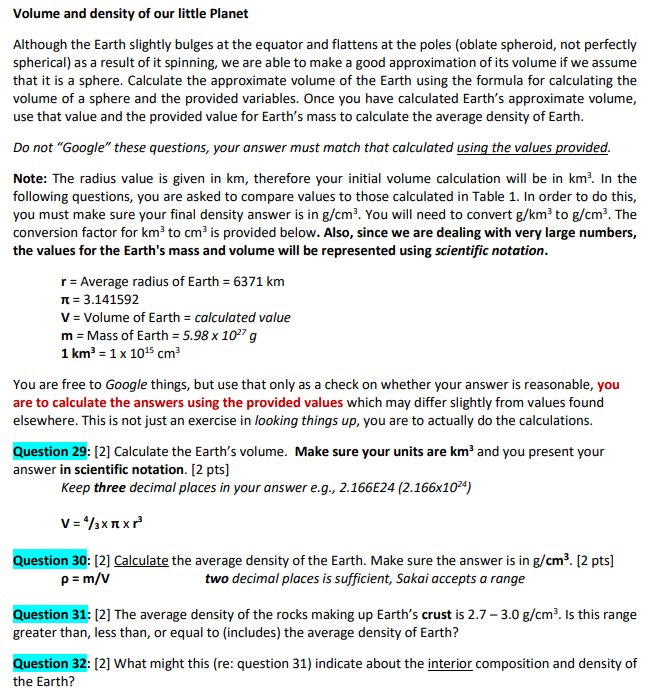 Solved Volume and density of our little Planet Although the | Chegg.com