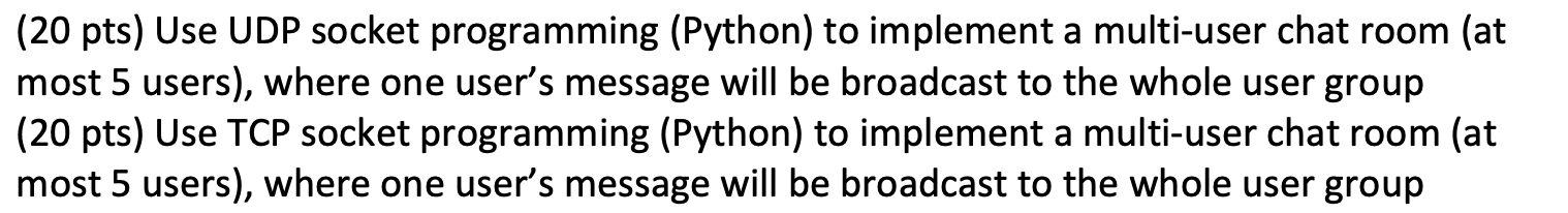 Solved (20 pts) Use UDP socket programming (Python) to | Chegg.com