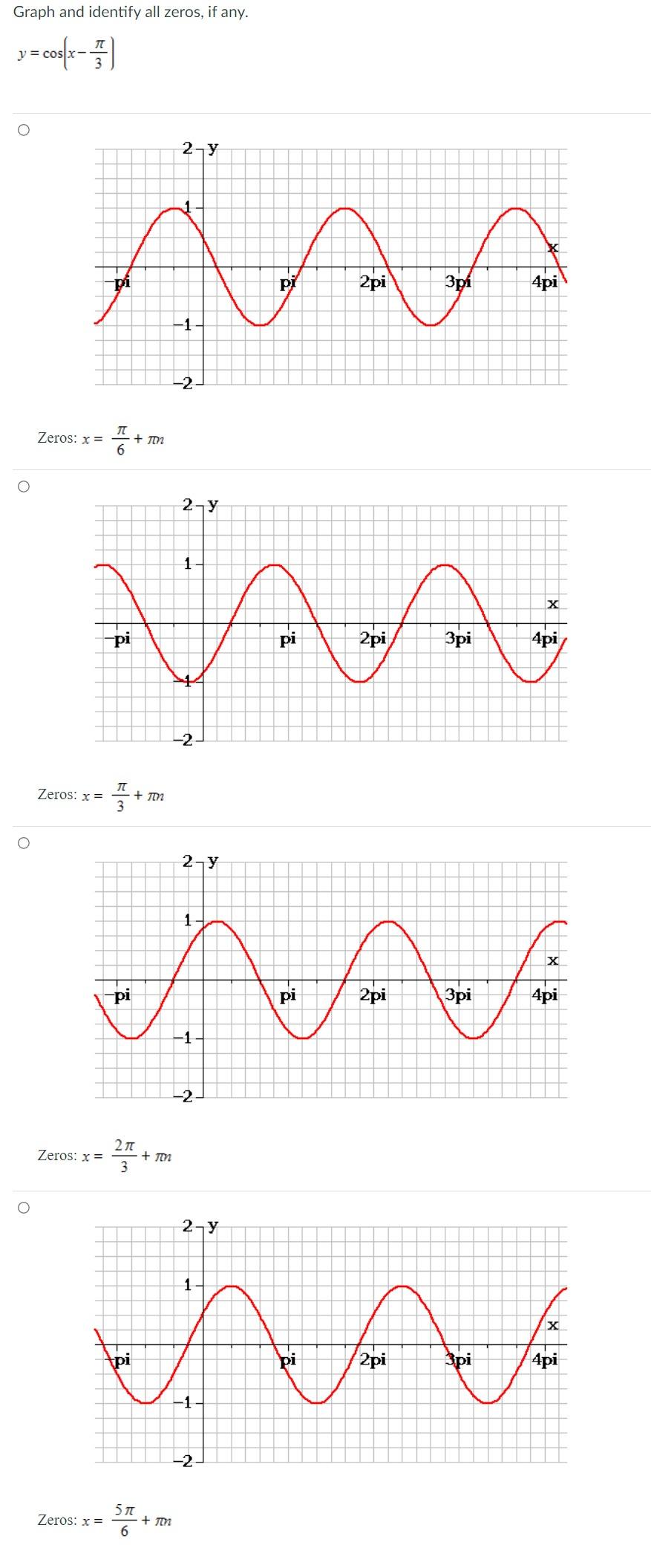 Solved Graph and identify all zeros, if any. y=cos(x−3π) | Chegg.com