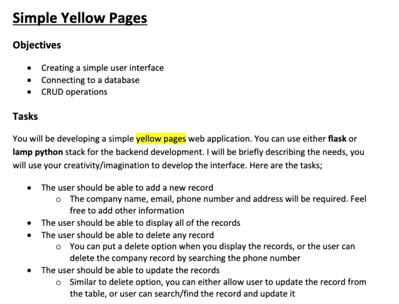 Simple Yellow Pages Objectives • Creating a simple | Chegg.com