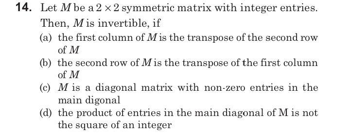 Solved 14. Let M be a 2 x 2 symmetric matrix with integer | Chegg.com