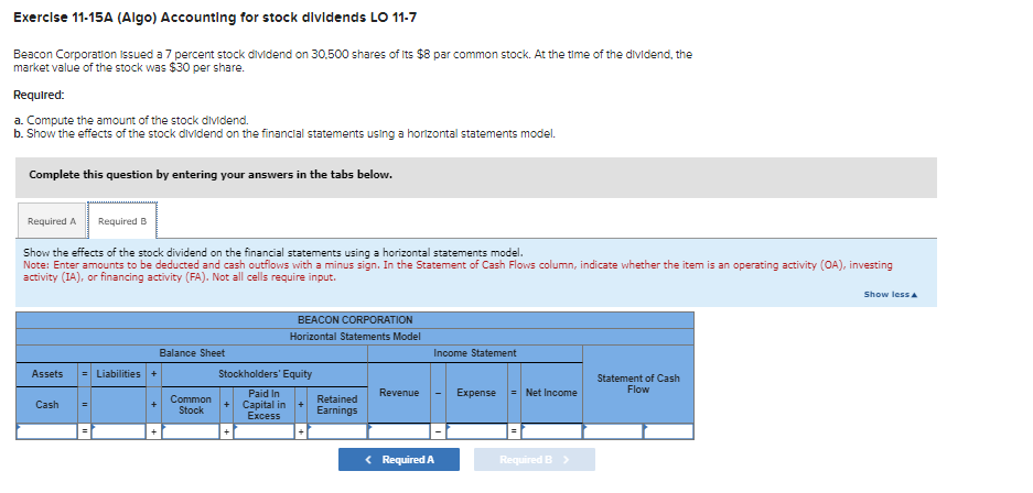Solved Exerclse 11-15A (Algo) Accounting for stock dlvidends | Chegg.com Solved Exerclse 11-15A (Algo) Accounting for stock dlvidends | Chegg.com