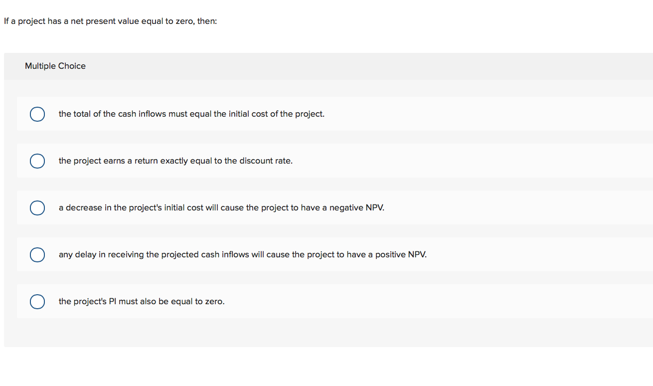 Solved If a project has a net present value equal to zero, | Chegg.com