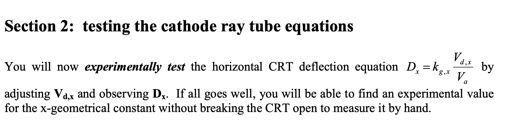 Section 2: testing the cathode ray tube equations | Chegg.com