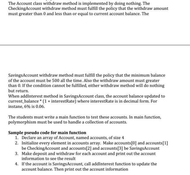Solved Account id: int balance: double +Account0 | Chegg.com