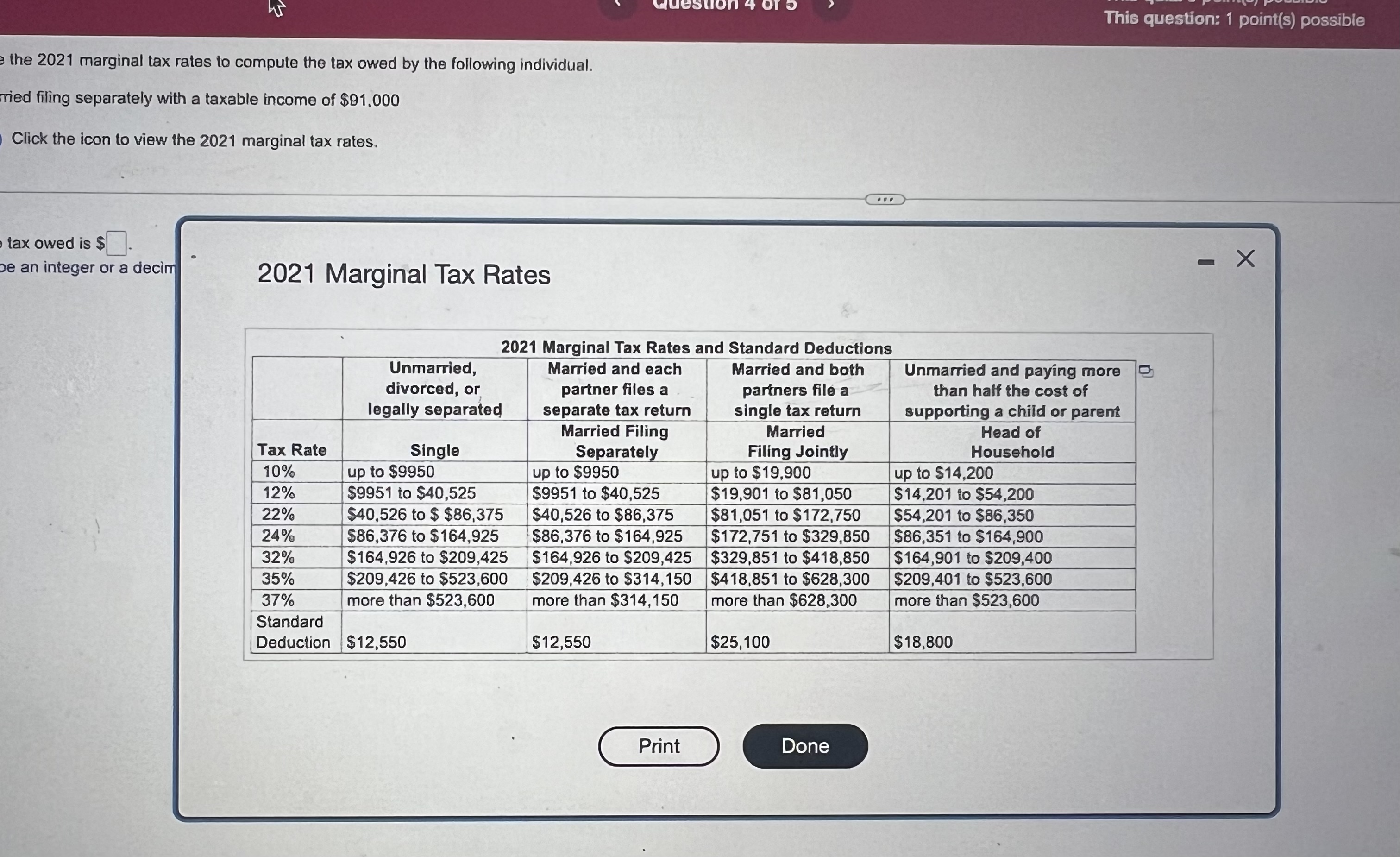 Solved Use the 2021 marginal tax rates to compute the tax | Chegg.com