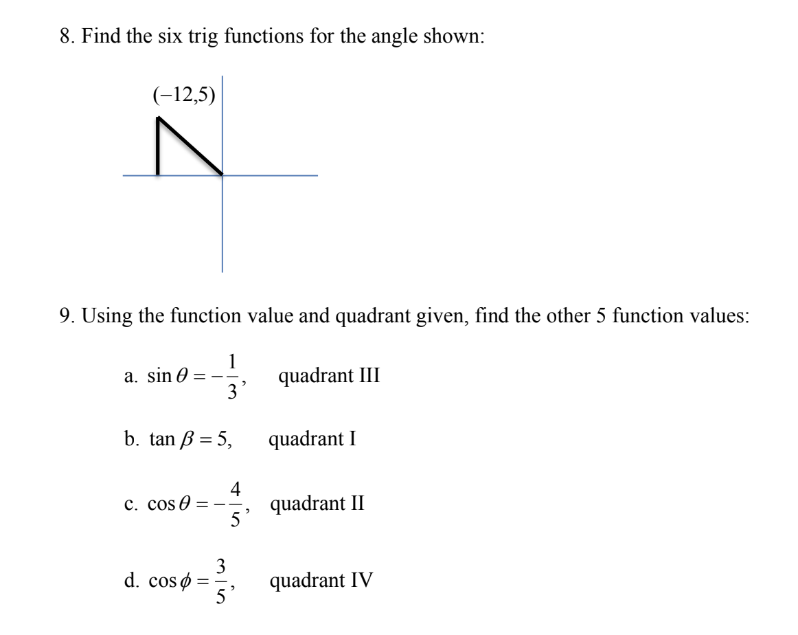Solved 8. Find the six trig functions for the angle shown: | Chegg.com