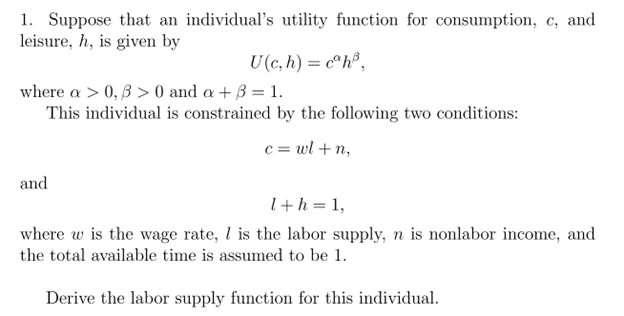 Solved 1. Suppose that an individual's utility function for | Chegg.com