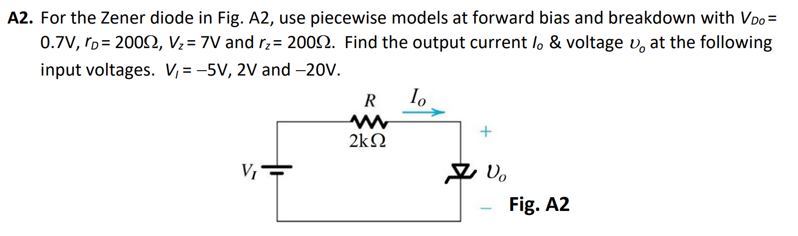 Solved A2. For the Zener diode in Fig. A2, use piecewise | Chegg.com