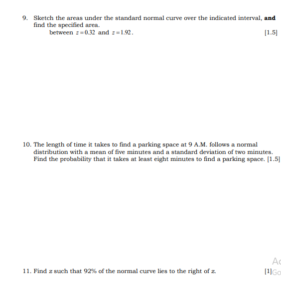 Solved 9. Sketch the areas under the standard normal curve | Chegg.com