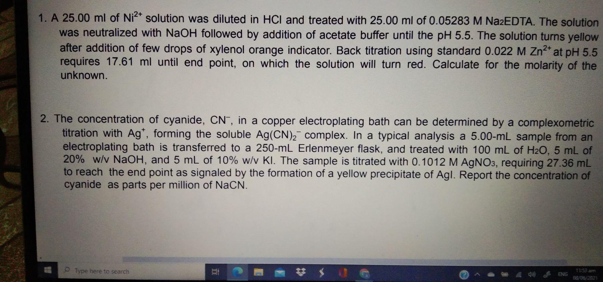 Solved 1. A 25.00 ml of Ni2+ solution was diluted in HCl and | Chegg.com