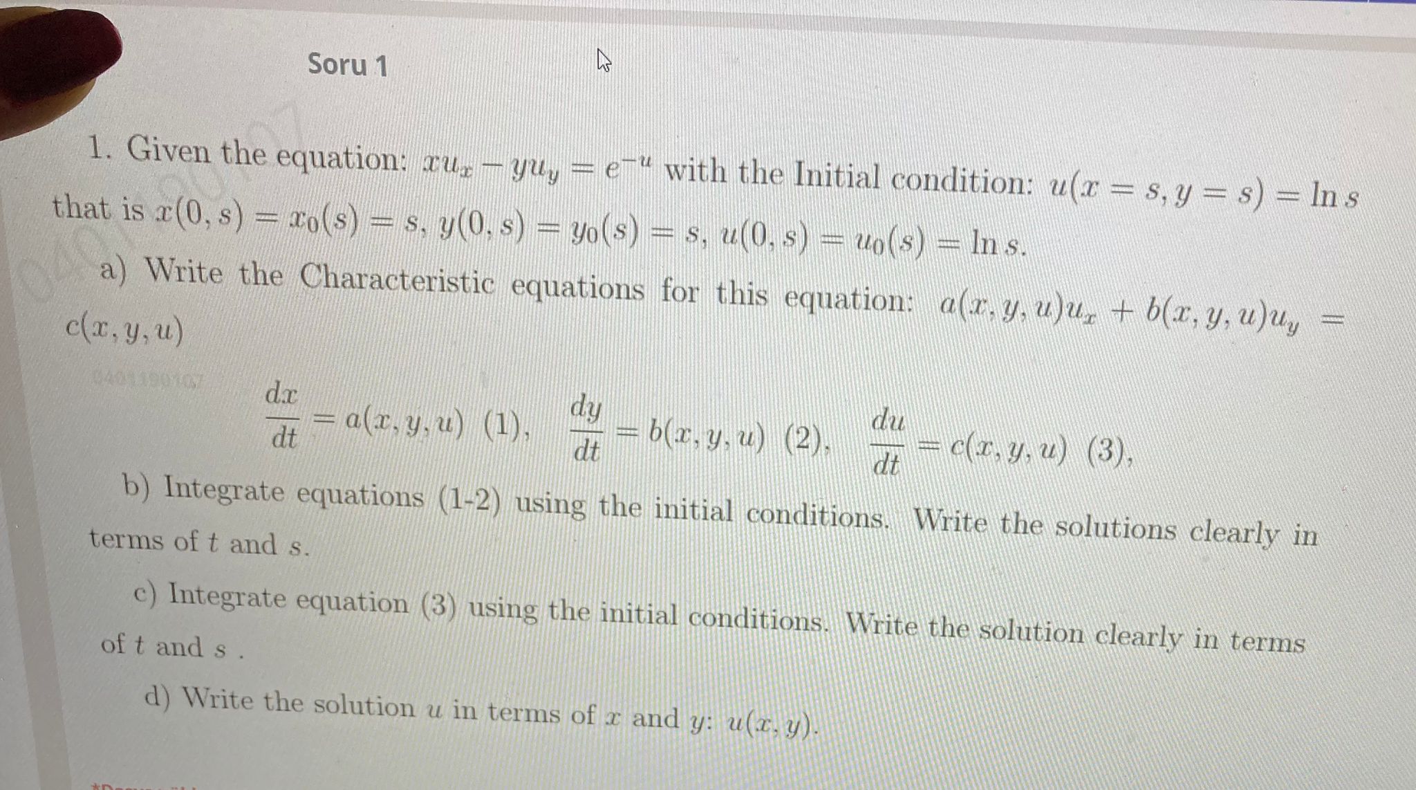Solved 1. Given the equation: xux−yuy=e−u with the Initial | Chegg.com