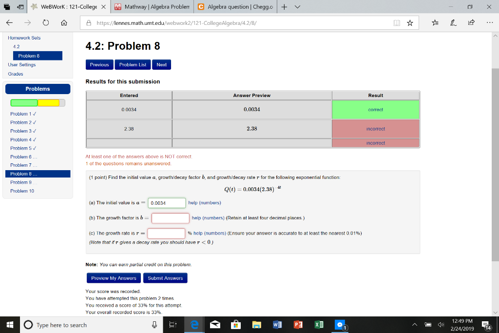 Solved WeBWorK : 12 1-College Χ | uu Mathway 1 Algebra | Chegg.com