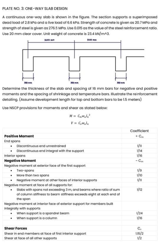PLATE NO. 3: ONE-WAY SLAB DESIGN A continuous one-way | Chegg.com