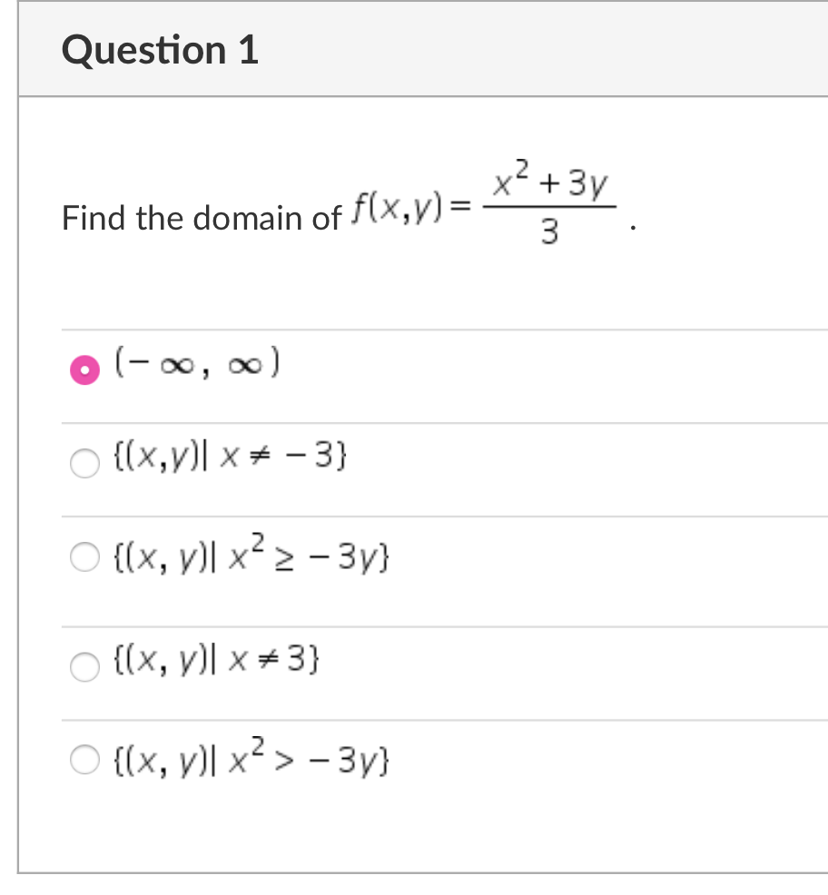 Solved Question 1 x² + 3y Find the domain of f(x,y)= ' 3 | Chegg.com