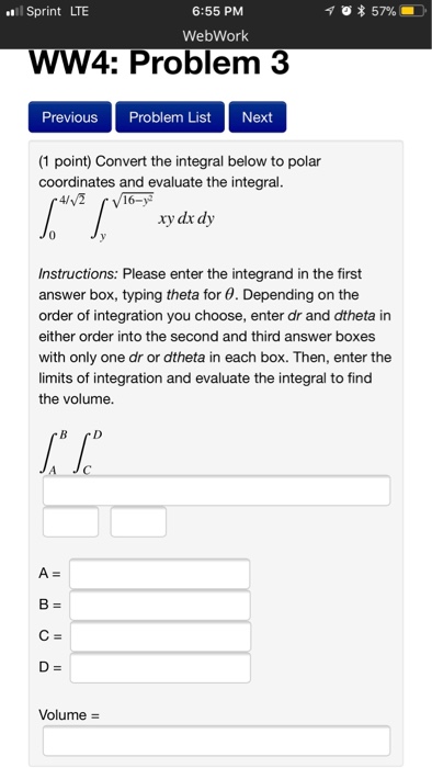 Solved l Sprint LTE 6:55 PM WebWork WW4: Problem 3 Previous | Chegg.com