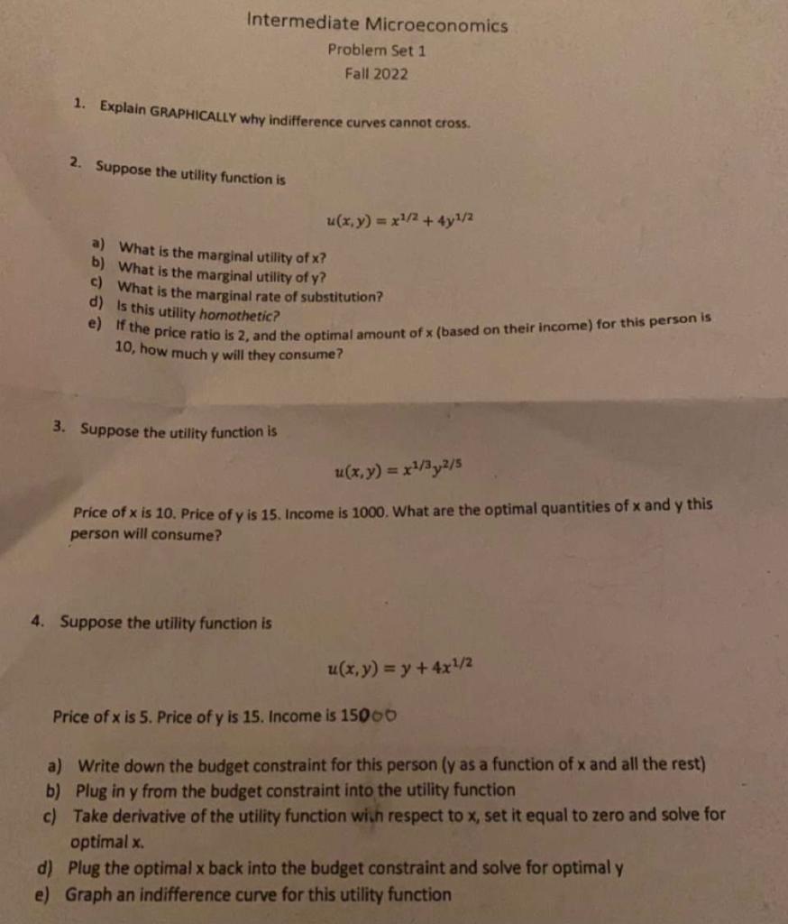 Solved 1. Explain GRAPHICALLY why indifference curves cannot | Chegg.com